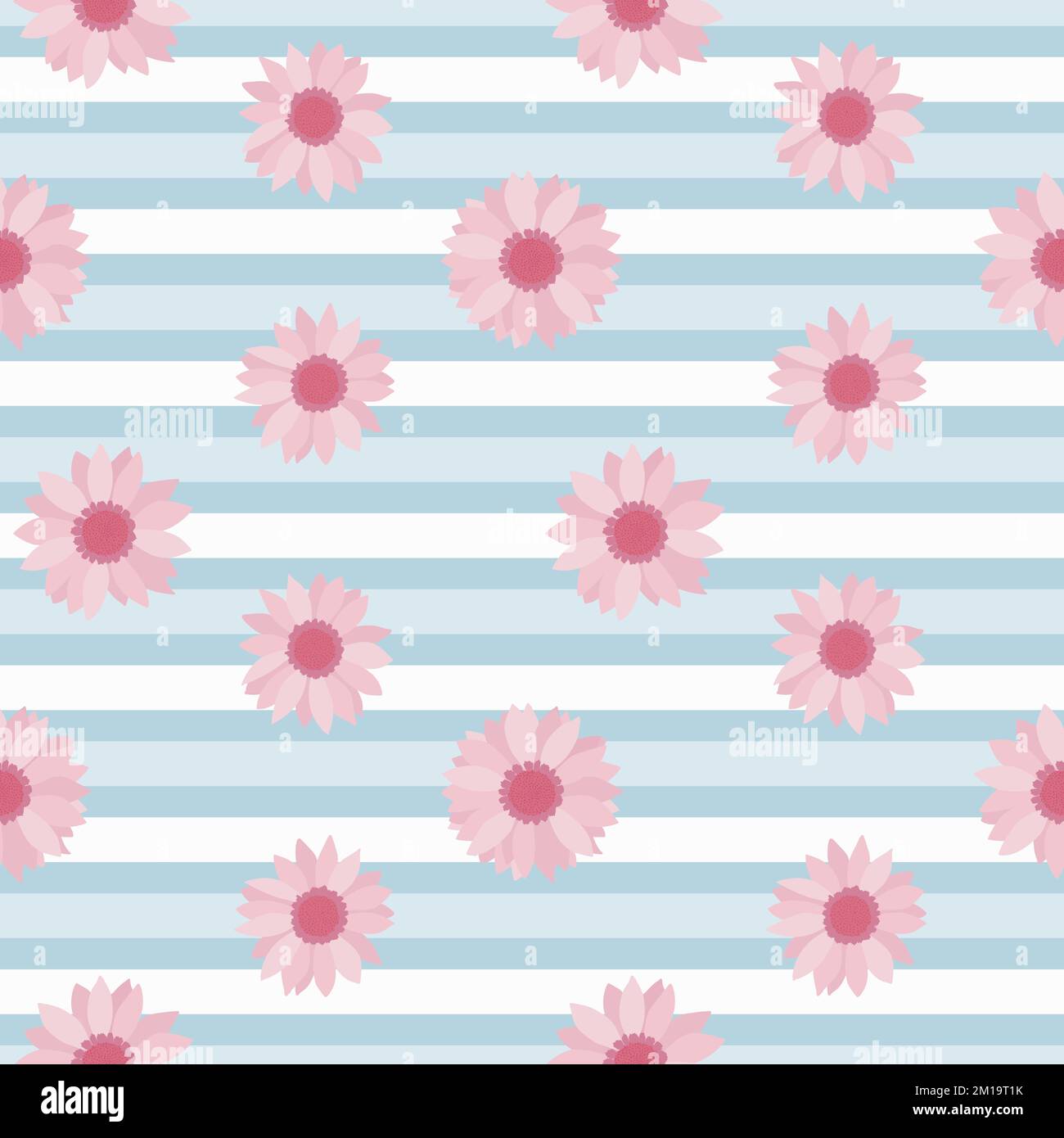 Hand-drawn pink flowers on blue stripe background. Summer flower ...