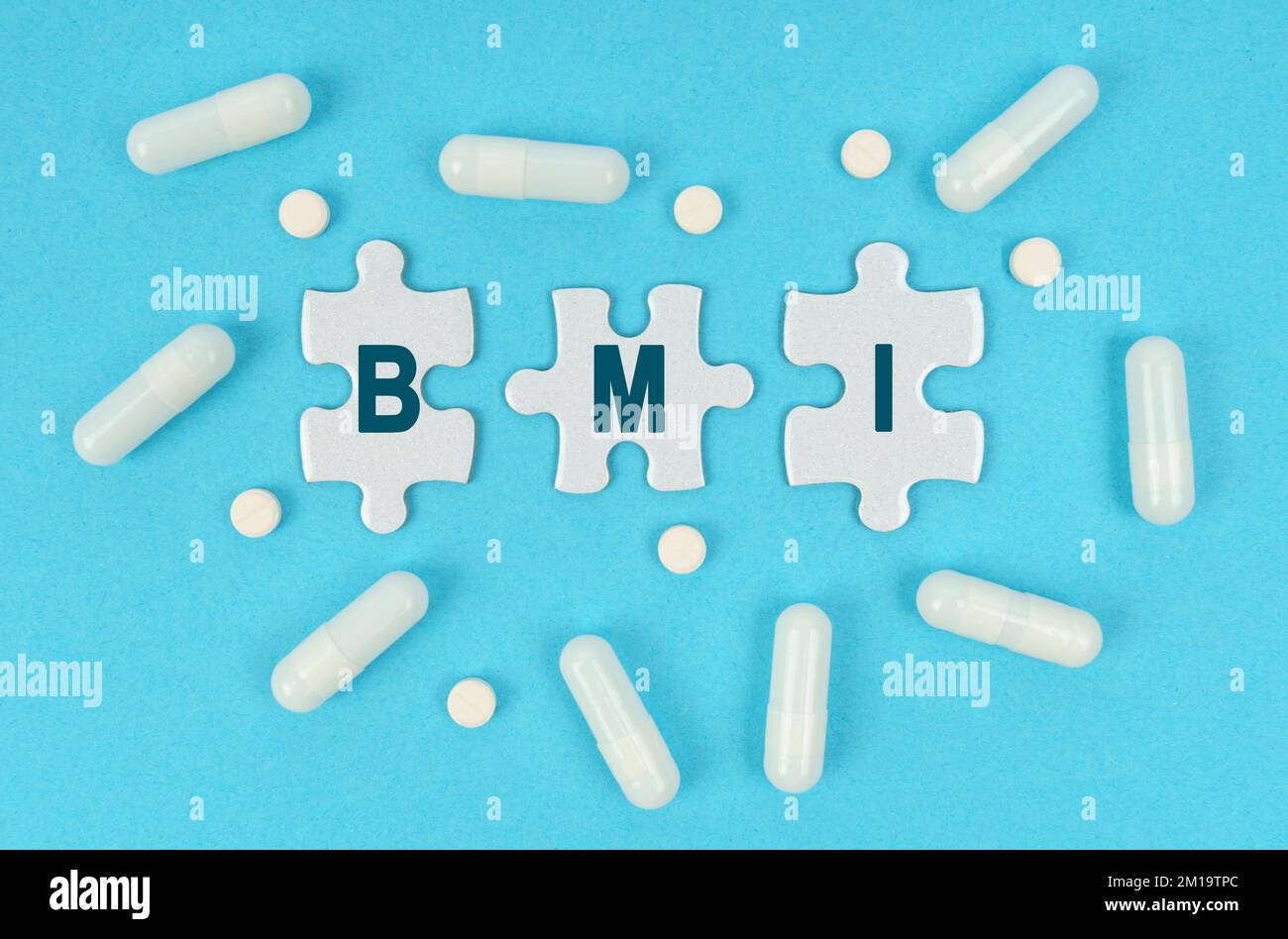 Medicine and health. On a blue background, there are pills and puzzles ...
