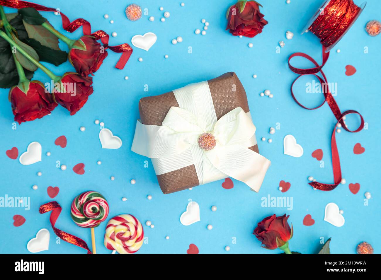 Blue background for Valentine's Day with decor details, flat lay Stock ...