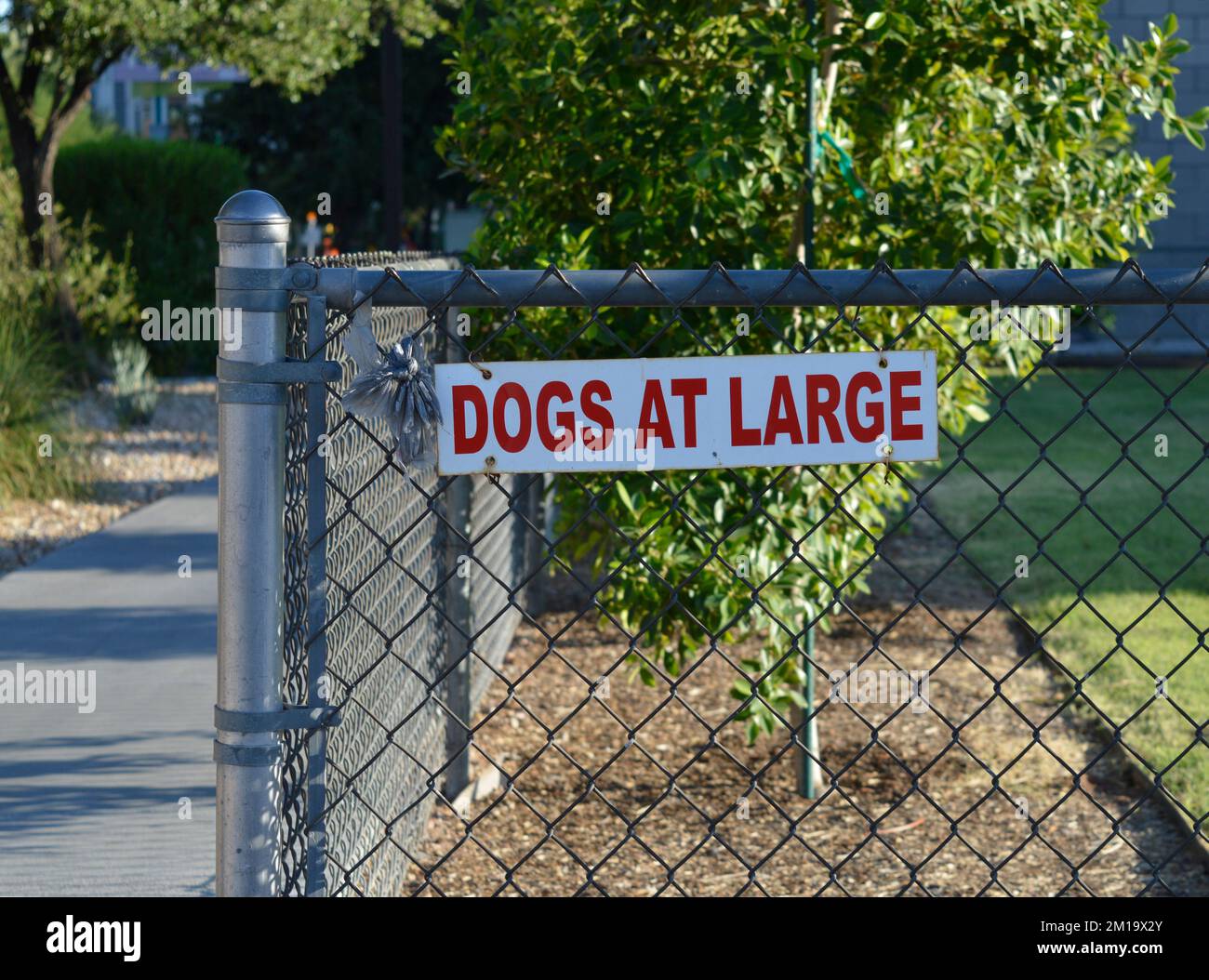A selective of a warning sign "Dogs at large" on a residential chain ...