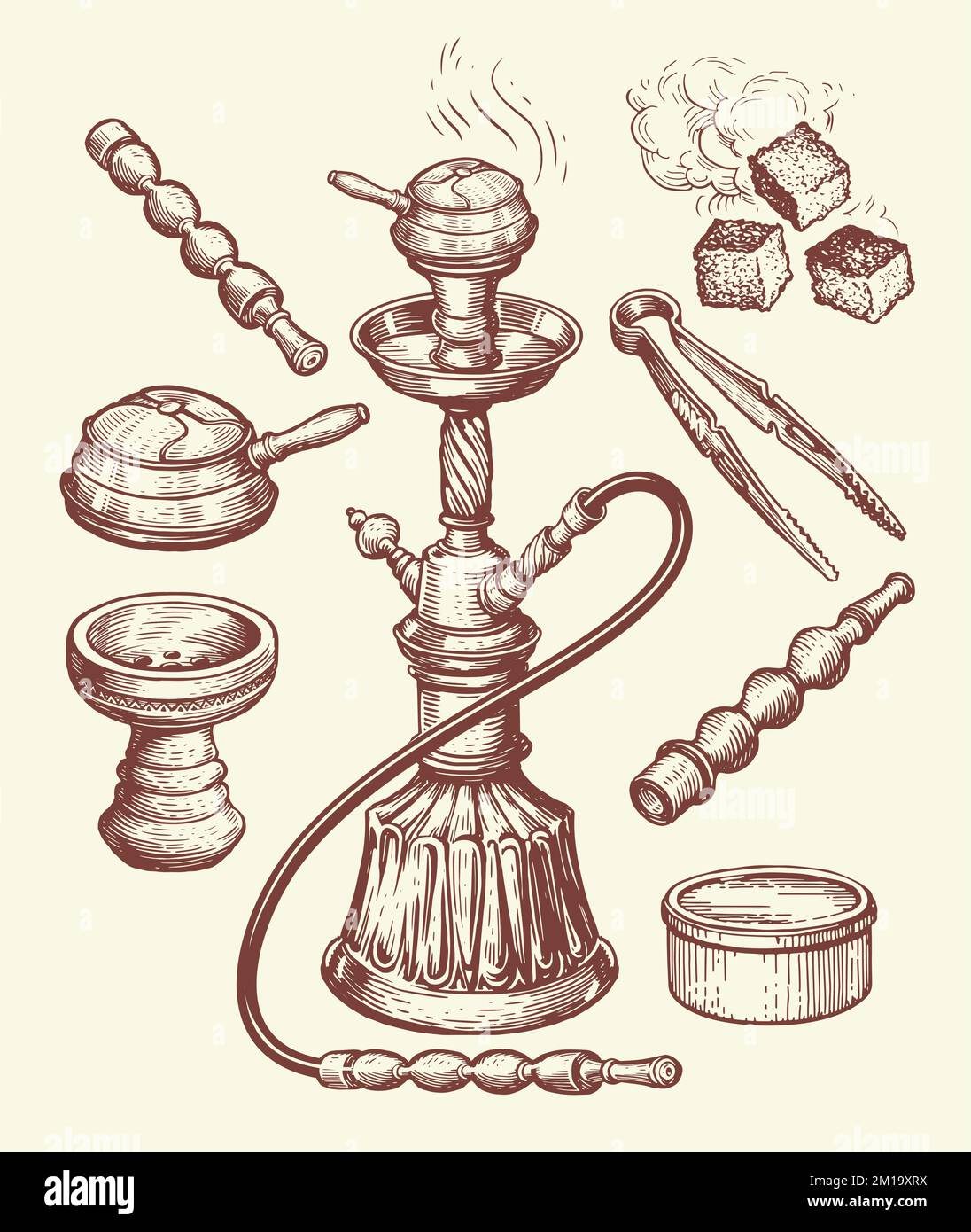 Shisha and accessories sketch. Hookah, kaloud, tongs, charcoal, tobacco ...