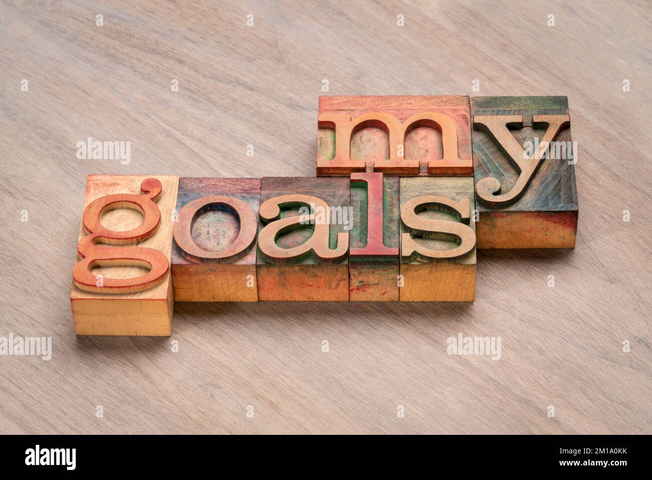 my goals - word abstract in letterpress wood type against grained ...