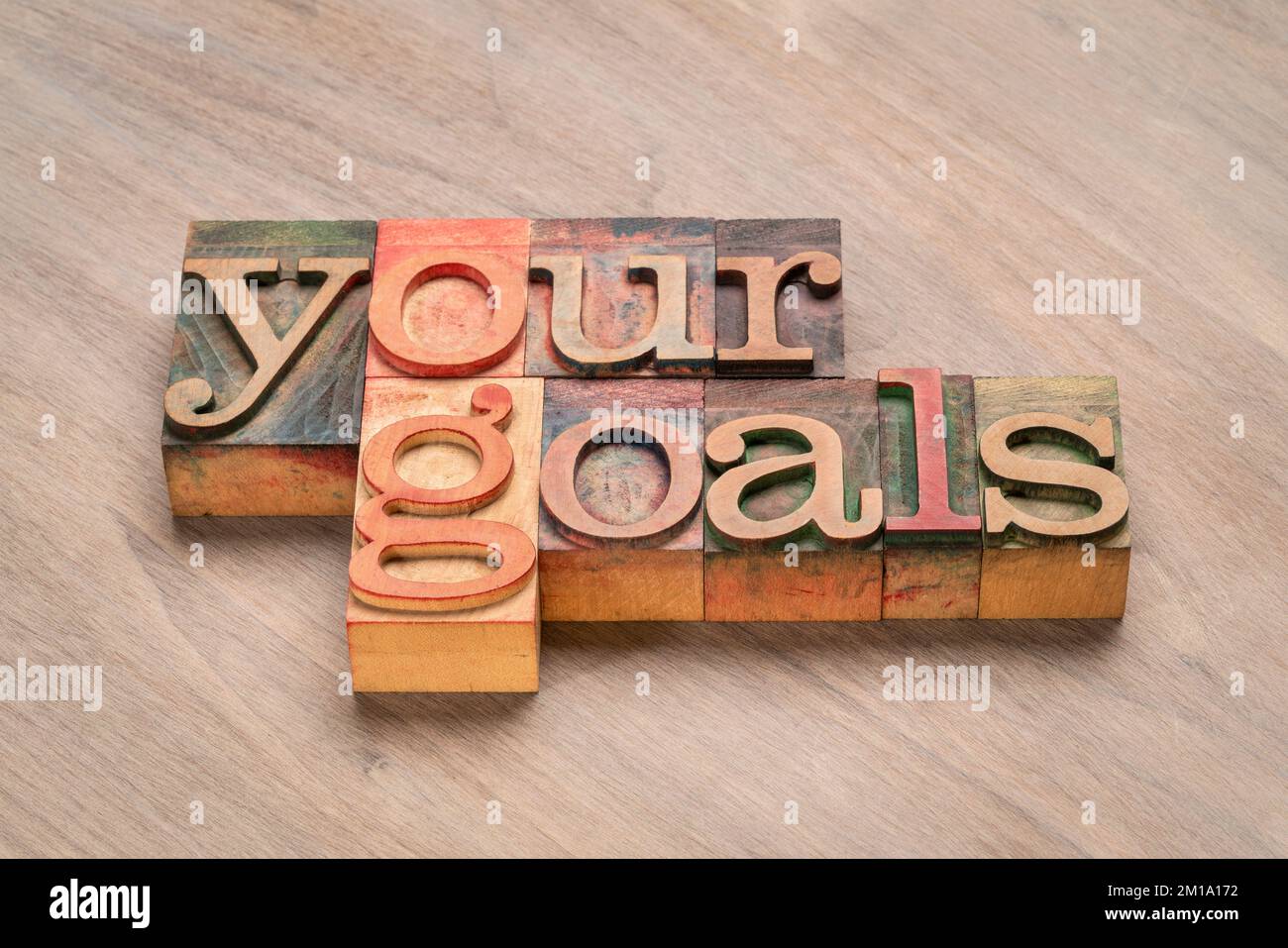 your goals - word abstract in letterpress wood type against grained ...