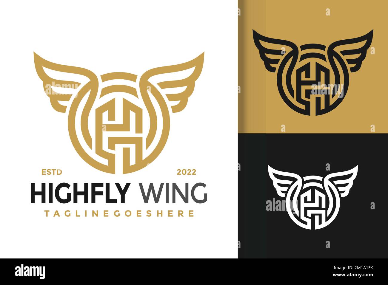 A winged letter logo with an editable title, tagline and text in three ...