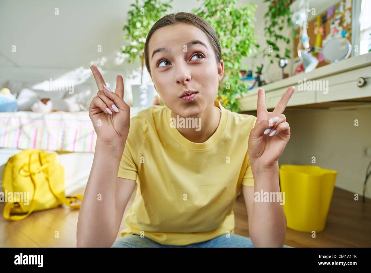 Teenage female student having video call, looking at webcam Stock Photo ...
