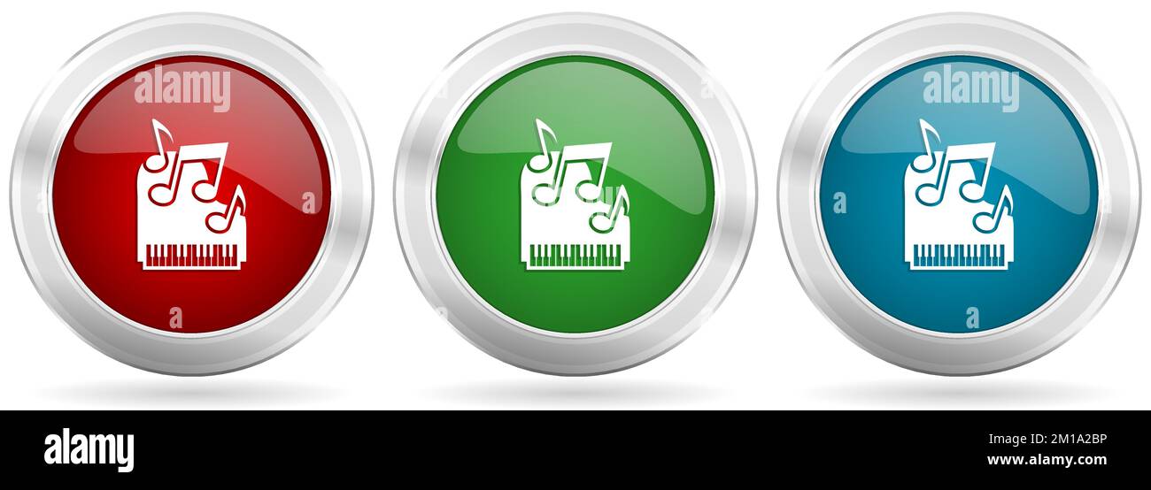Piano, music vector icon set. Red, blue and green silver metallic web ...