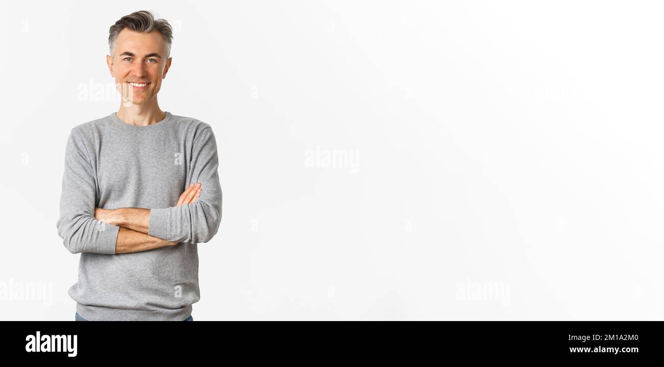 Image of successful and confident middle-aged man, cross arms on chest ...