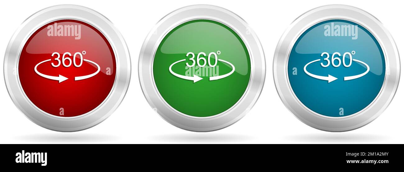 Panorama 360 vector icon set. Red, blue and green silver metallic web ...