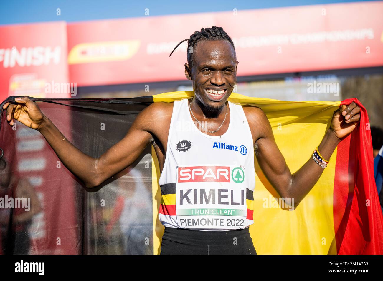 Belgian athlete Isaac Kimeli celebrates after the men's race at the ...