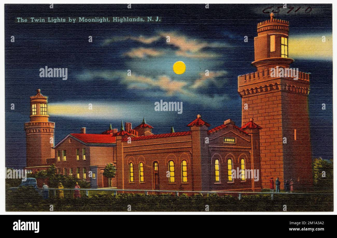 The twin lights by moonlight, Highlands, N.J. , Tichnor Brothers ...