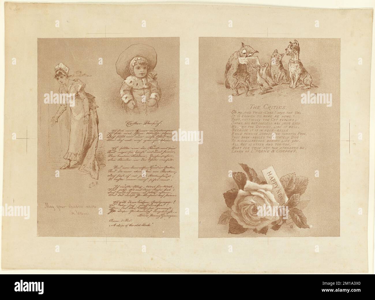 Two greeting card illustrations on one sheet , Children, Cats, Roses ...