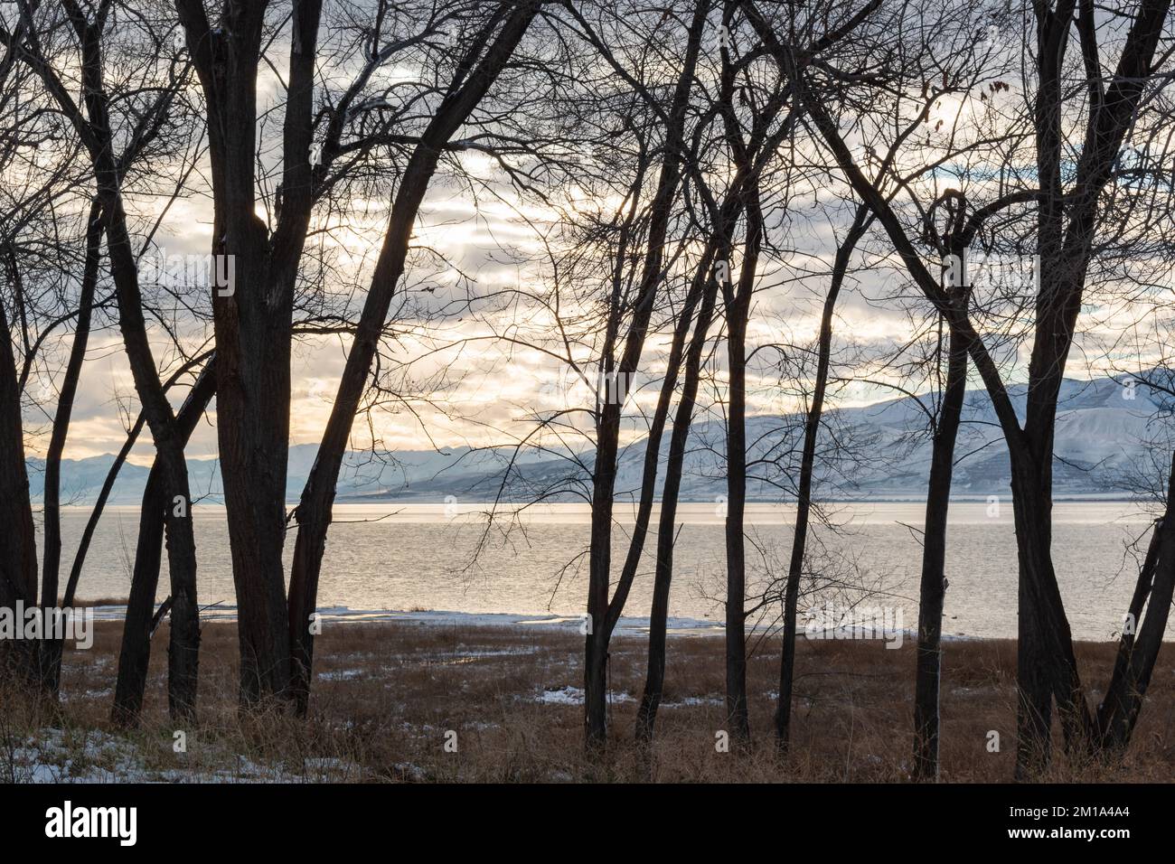 Sun Setting Behind the Distant Hills Seen through The Silhouetted Trees Stock Photo - Alamy