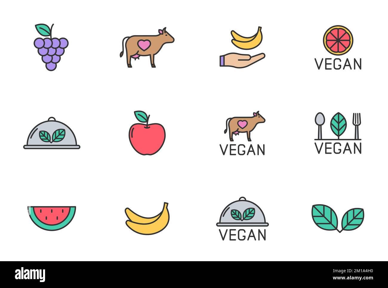 Vegan color filled vector icons. Vegan color outline icon set Stock ...