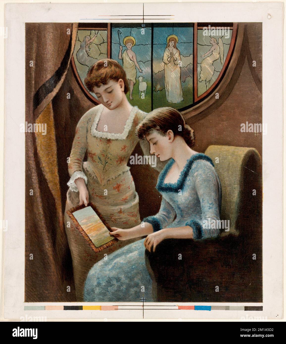 Two women looking at fringed card , Stained glass. Louis Prang ...