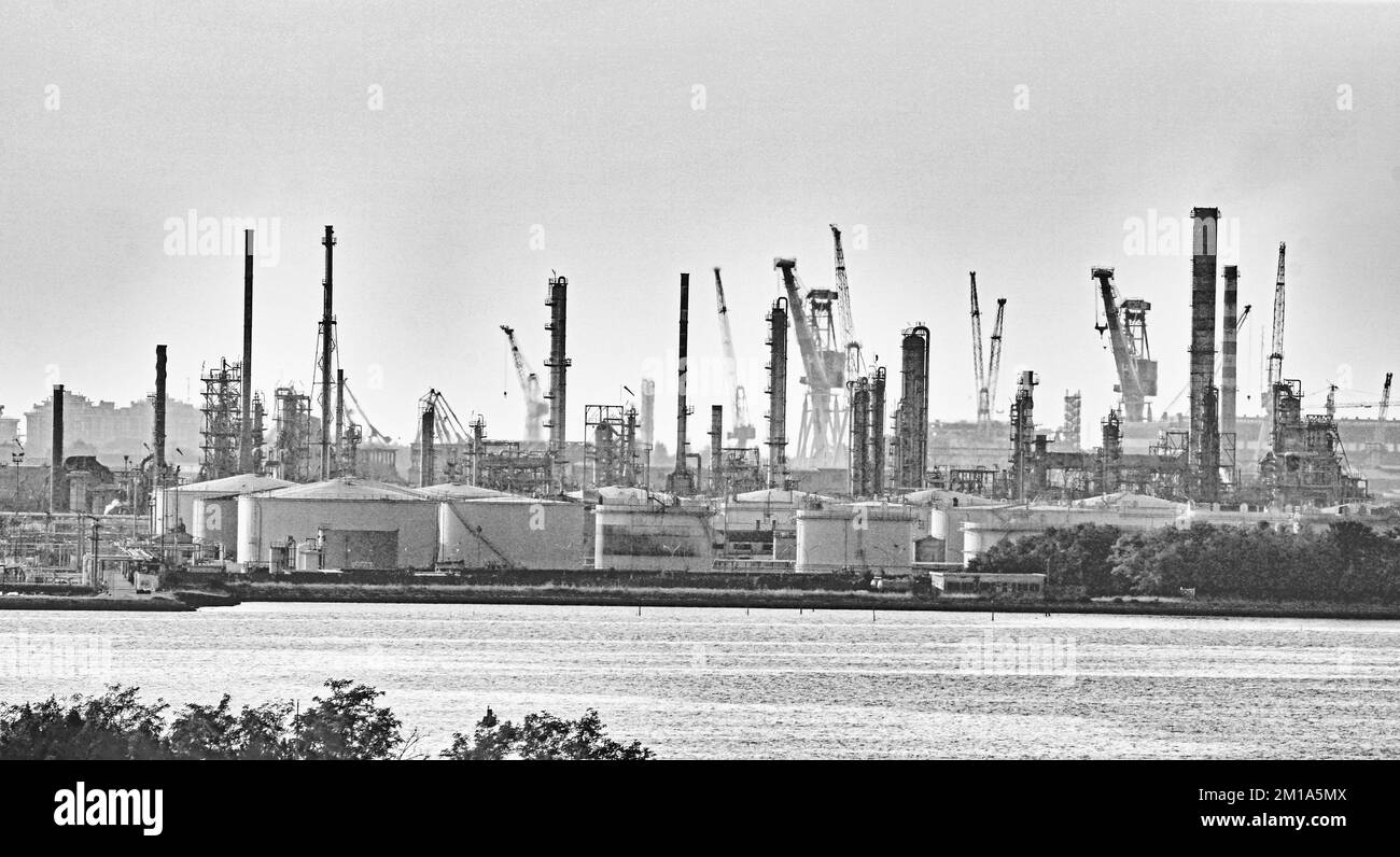 Industrial landscape of the riverside of Venice in black and white ...