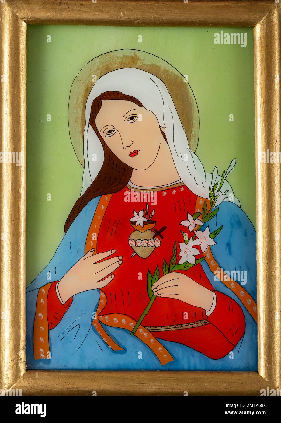 Icon painted on recerse glass depicting the immaculate heart of Virgin ...