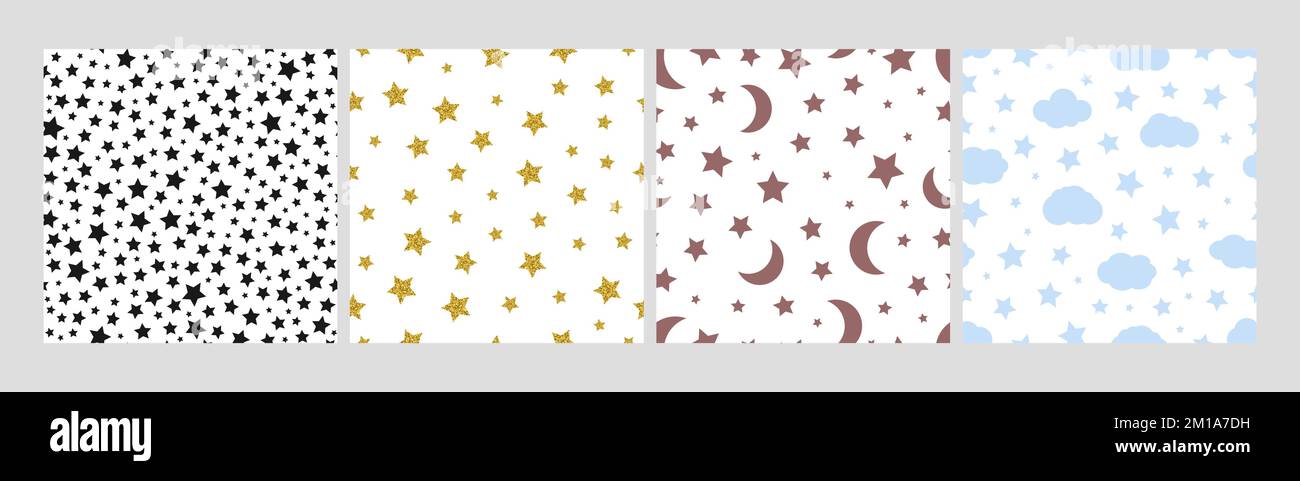 Stars seamless pattern set. Black golden star textures, simple moon and ...