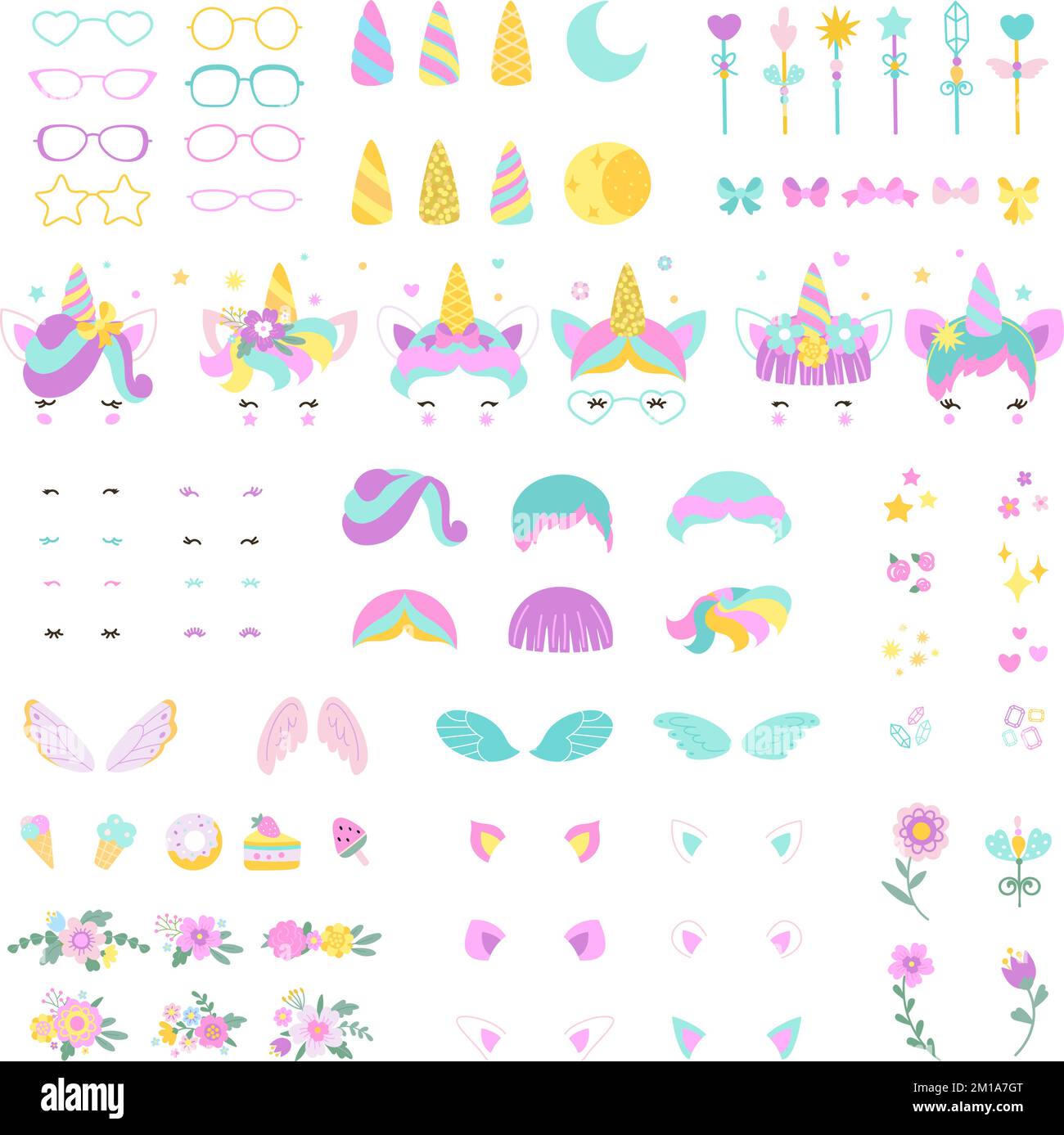Unicorn faces elements bundle. Unicorns created kit, sweets and floral ...