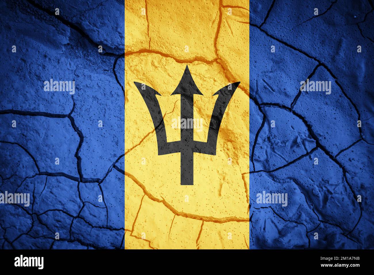 Flag of Barbados. Barbados symbol. Flag on the background of dry ...