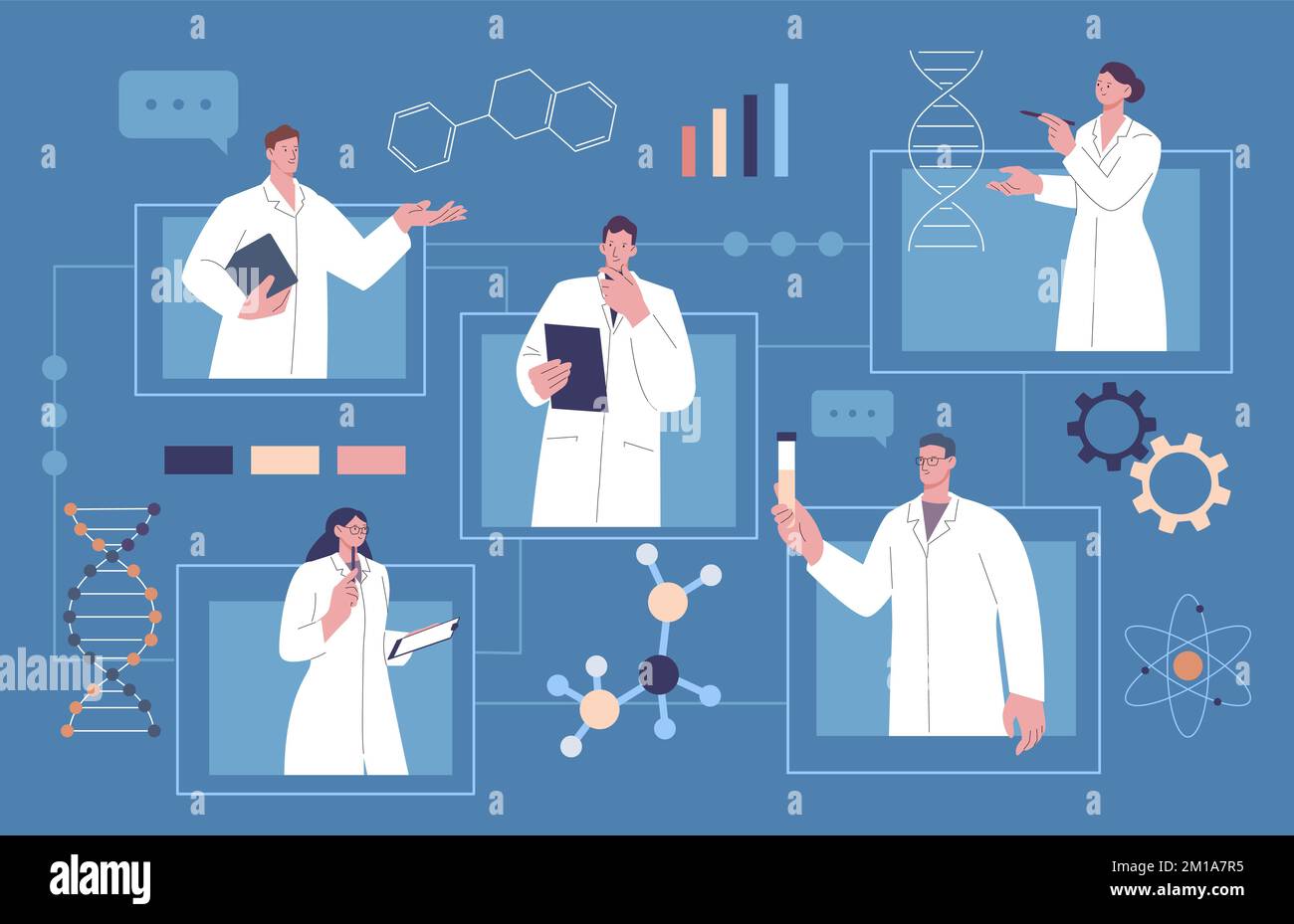 Science virtual research medicine. Flat scientists developing chemical ...