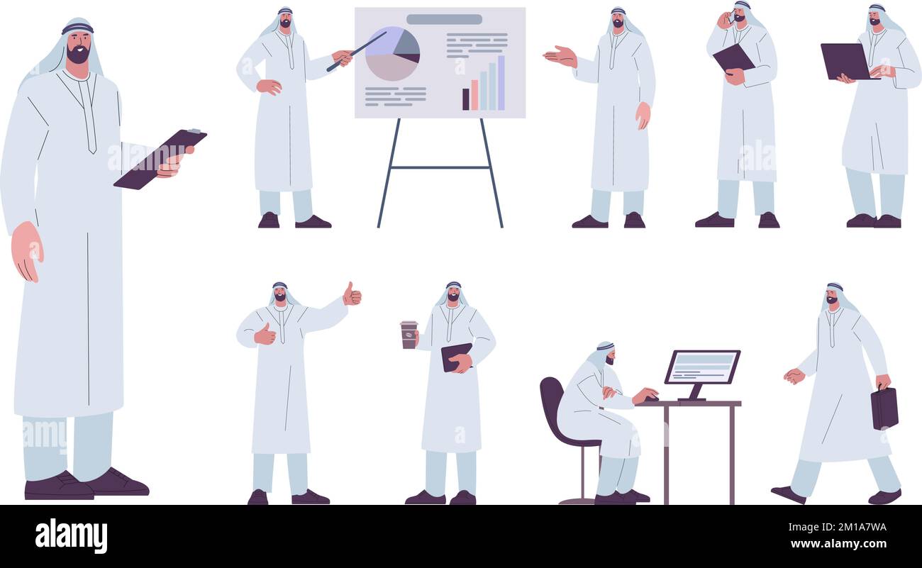 Arabian islamic male business character. Saudi man activities ...