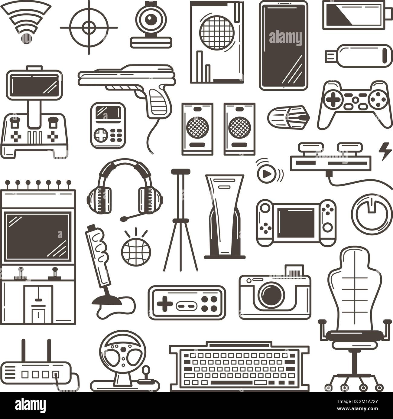 Digital gadget doodle elements. Computer games and social media icons ...