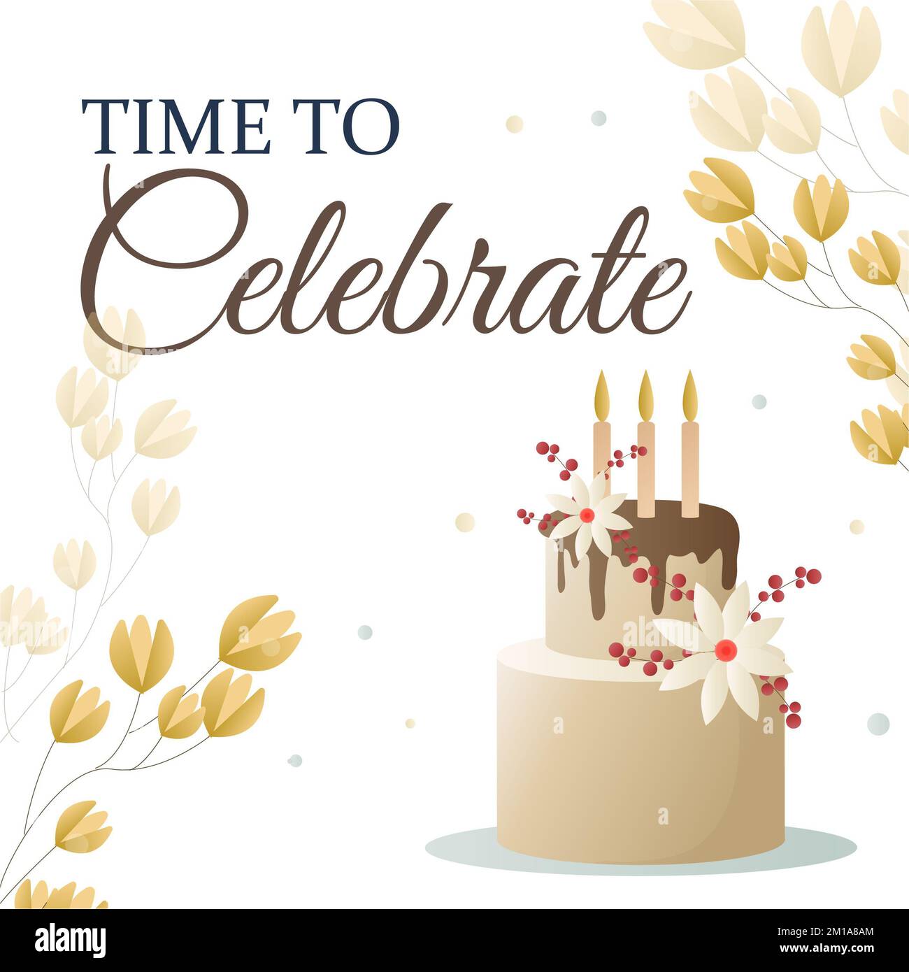 Birthday card with cake, flowers, candles and wishing. Hand drawn ...