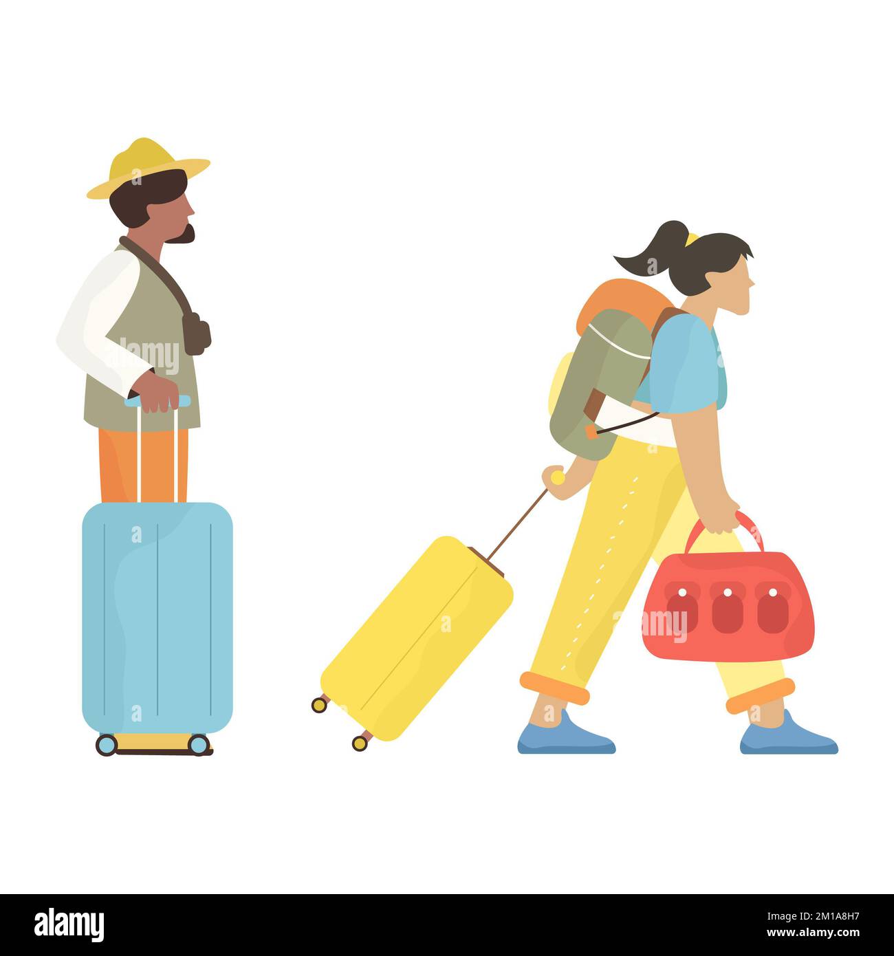 Tourist characters. Young couple family, tourists travelling with backpacks and bags, suitcases ...