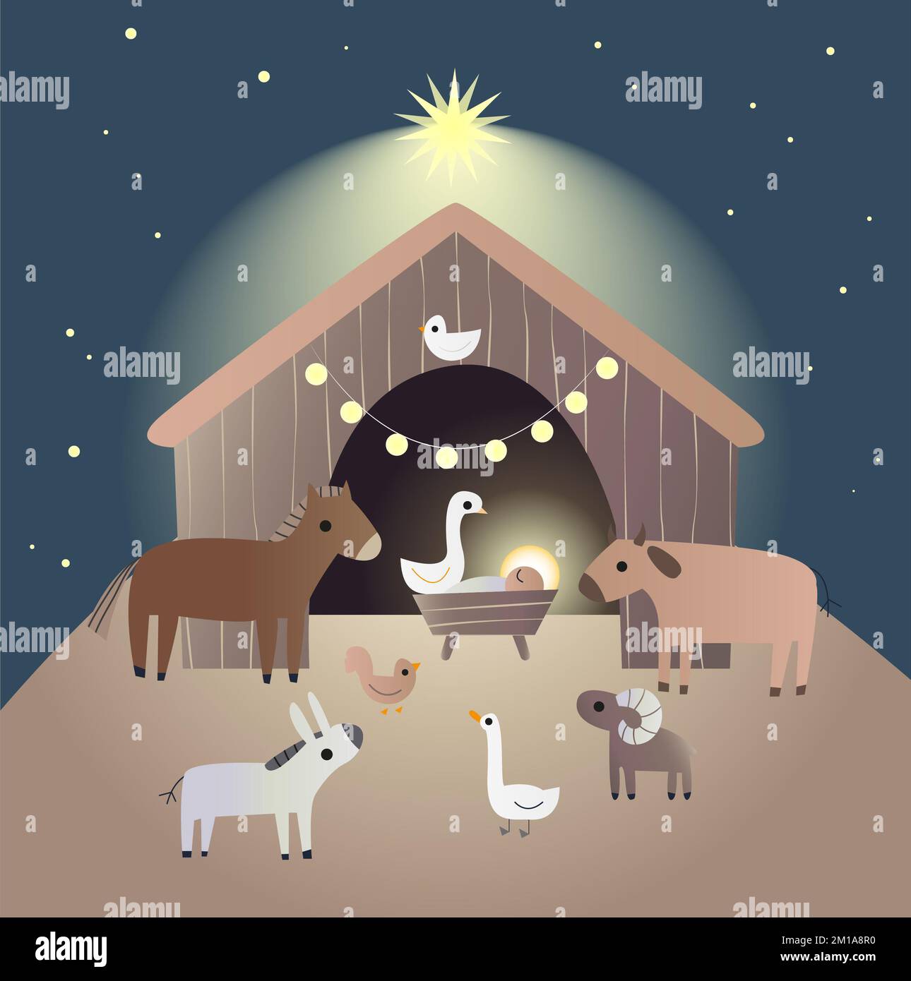A Christmas nativity scene cartoon, with baby Jesus, in the manger with ...