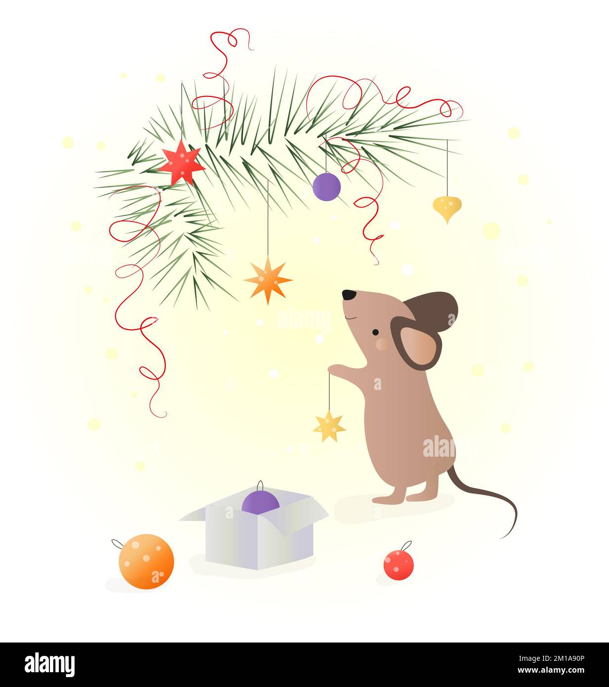 Little mouse decorates a Christmas tree. Christmas card illustration ...