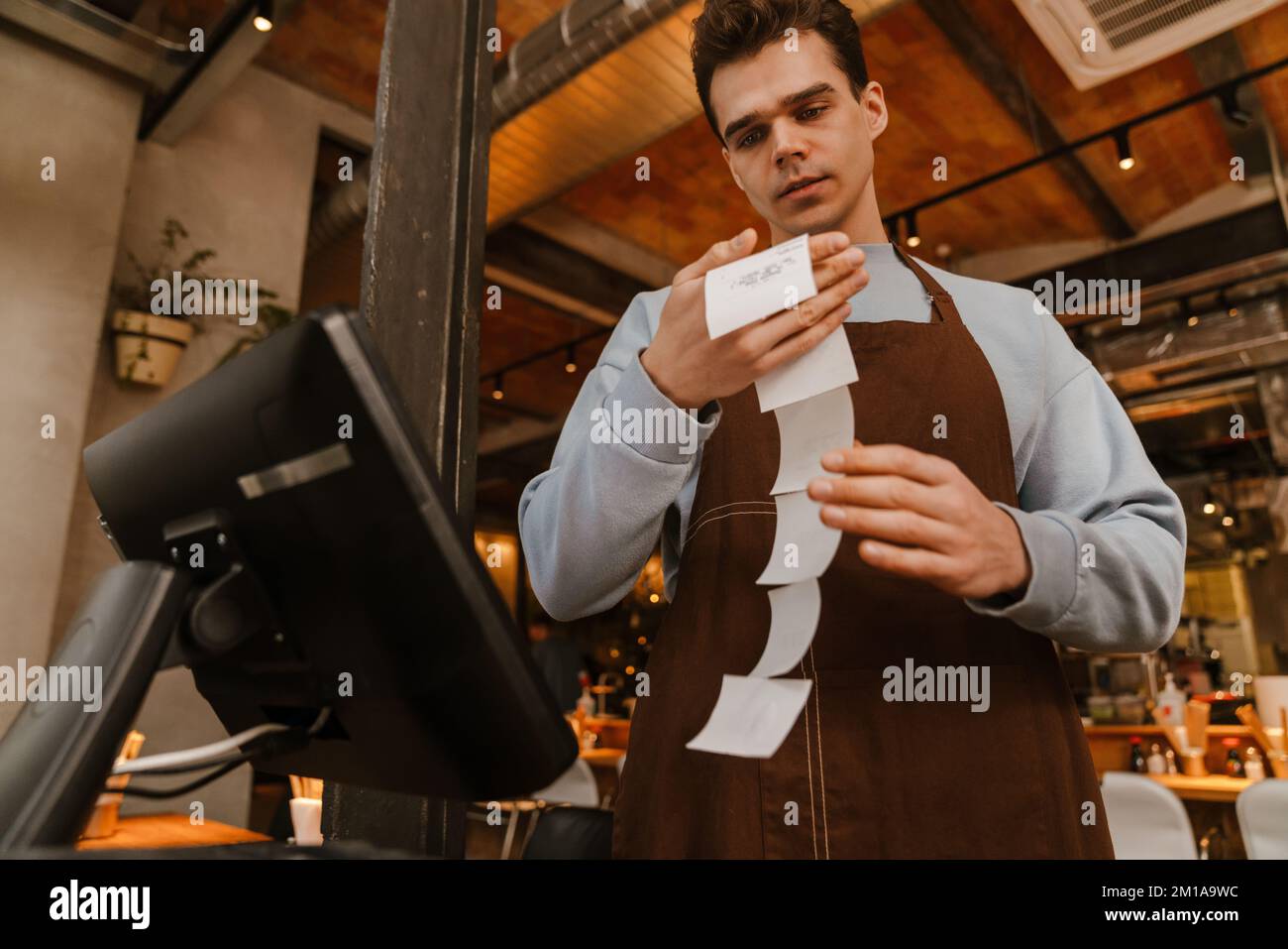 Young white waiter man wearing apron standing in front of computer and ...