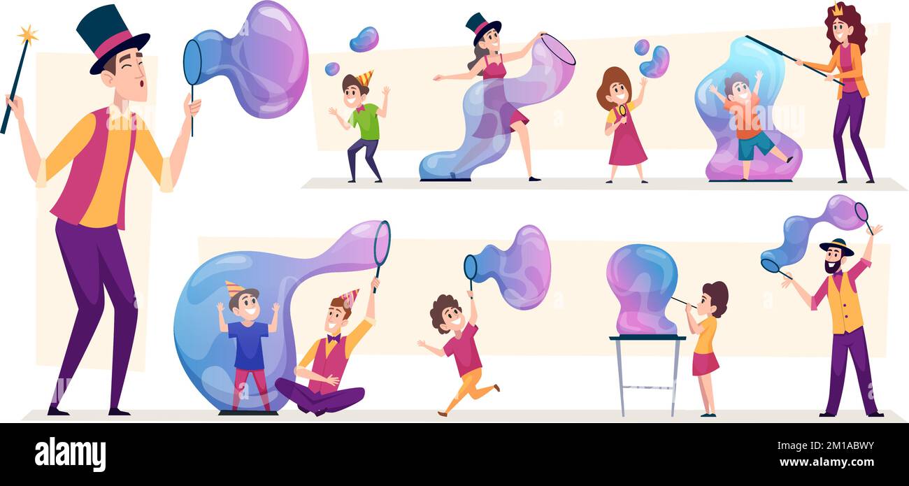 Soap bubbles. Kids playing with liquid soap bubbles exact vector happy ...