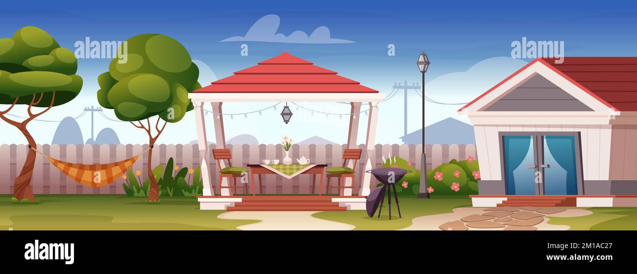 Terrace background. Outdoor village landscape with gazebo and hammock ...