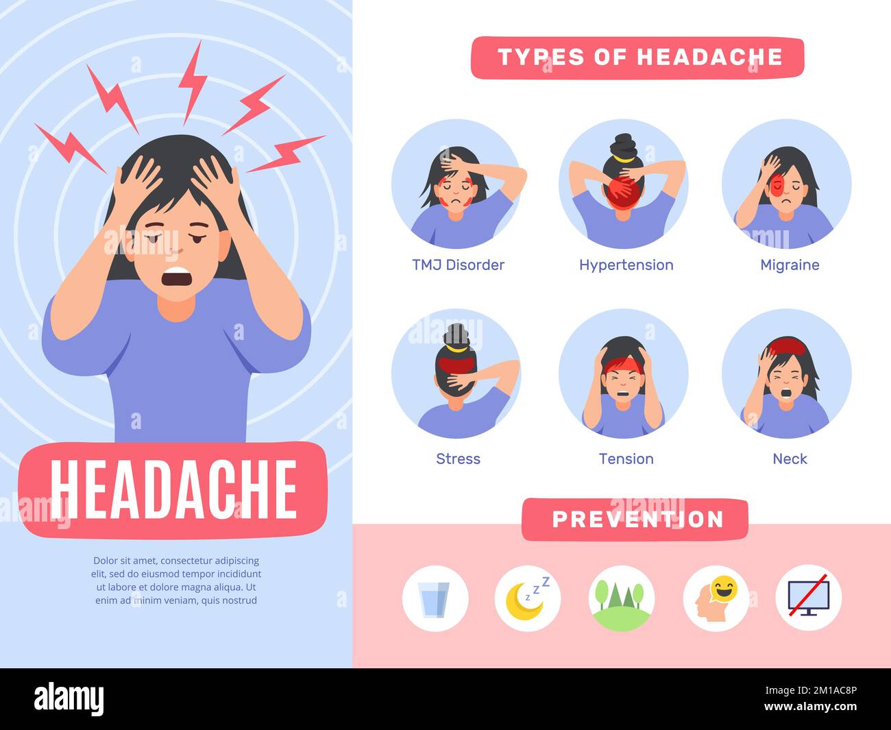 Headache pain infographic. Symptoms of headache various treatment ...