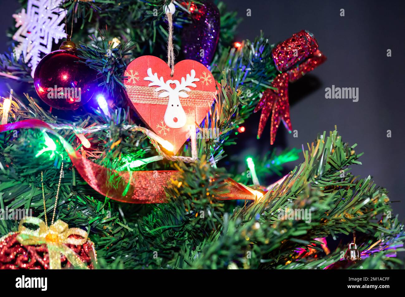 Christmas tree decorations with Christmas lights Stock Photo - Alamy