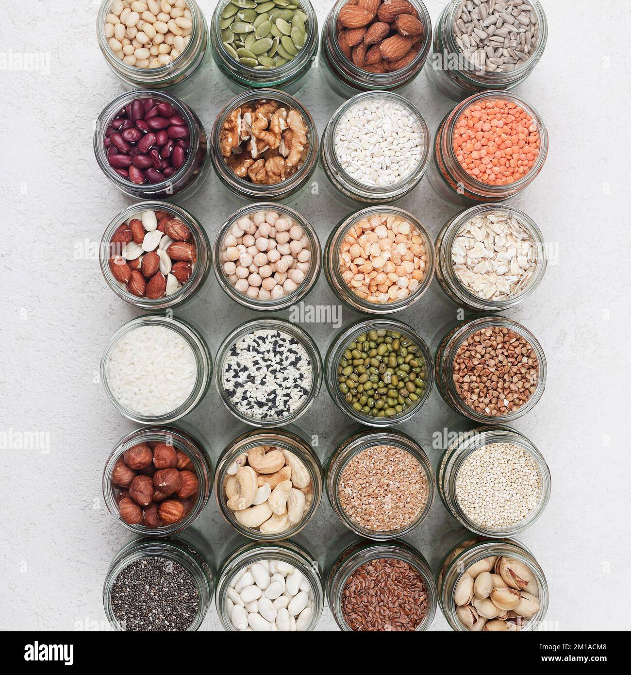 Vegan protein source. healthy vegetarian food. top view of seeds, nuts ...