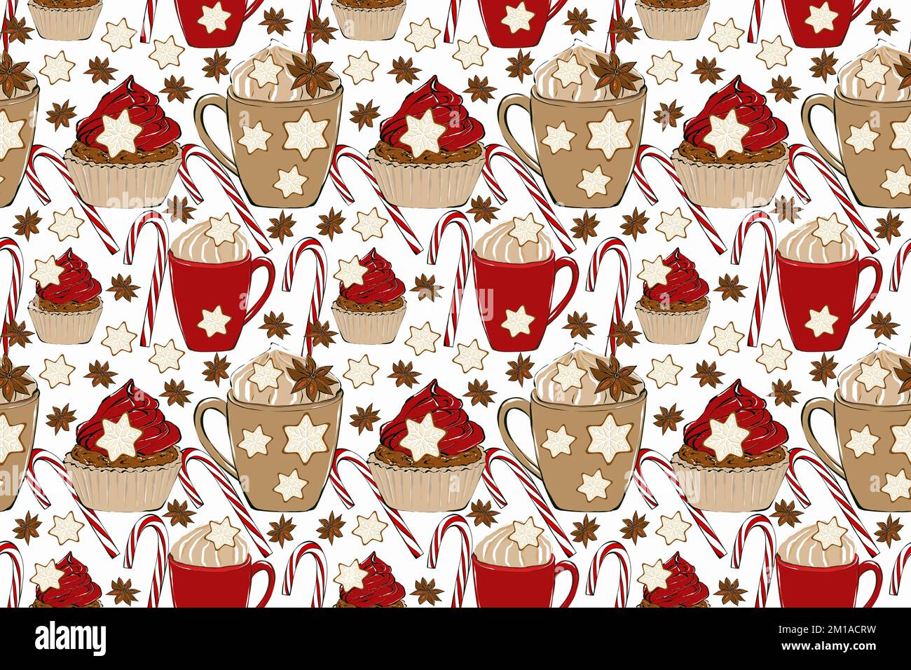 Seamless Christmas pattern, cups of coffee and sweets. hand drawn ...