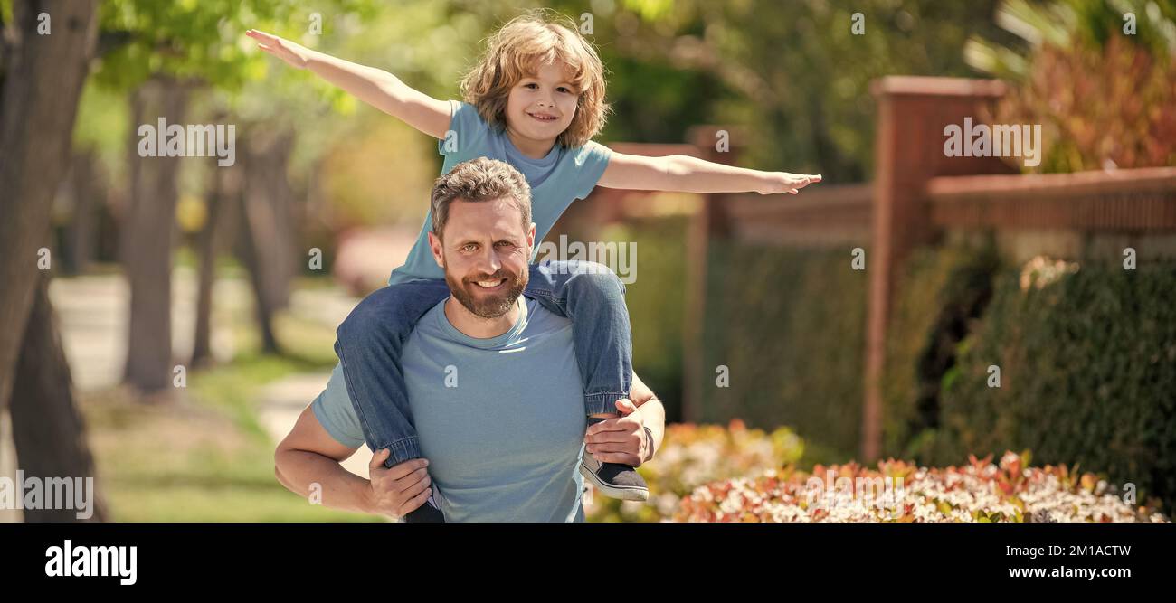 Banner of father and son walk, happy dad with son having real fun ...