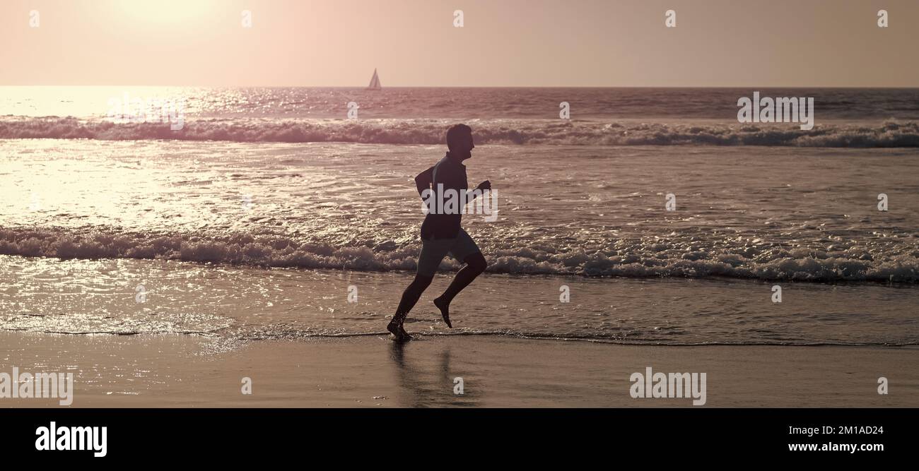 Man running and jumping, banner with copy space. healthy man running on ...