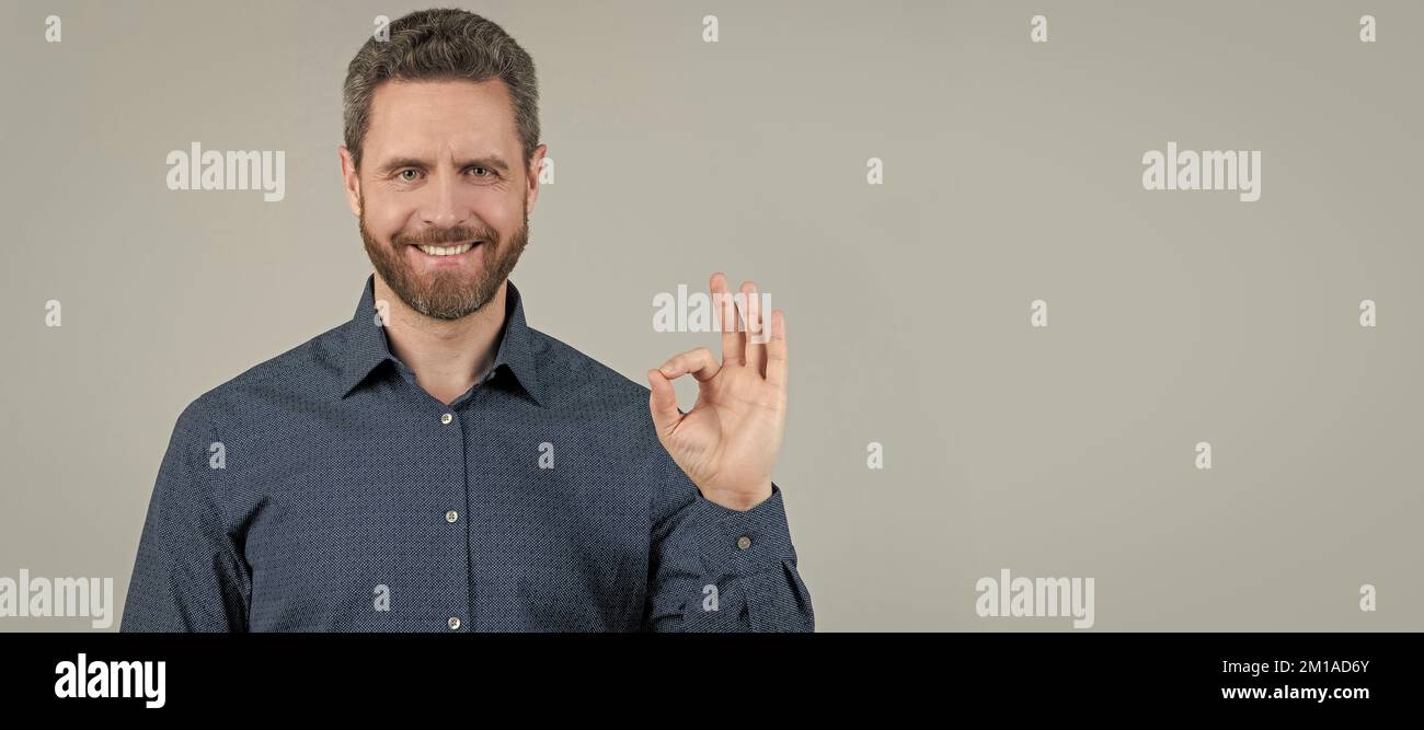Man face portrait, banner with copy space. Happy man with bearded face ...
