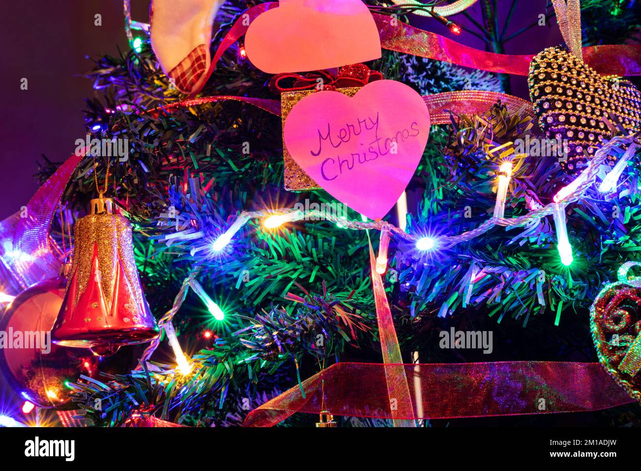 Christmas tree decorations with Christmas lights Stock Photo - Alamy