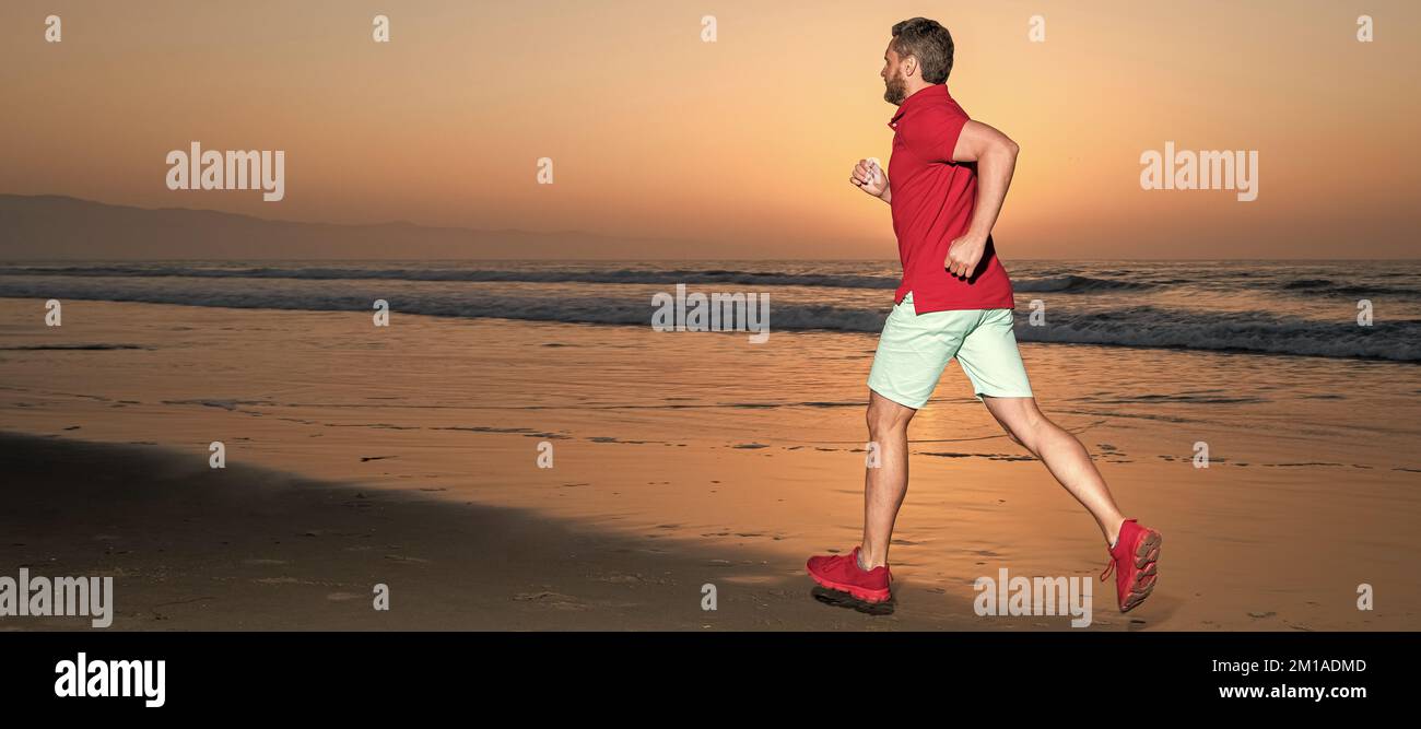 Man running and jumping, banner with copy space. sportsman sprinter ...