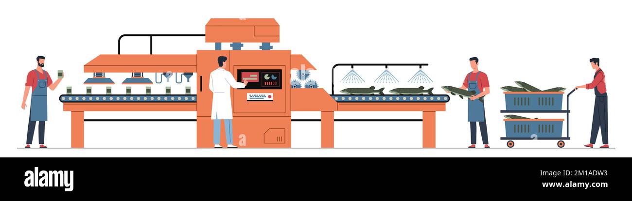 Fishing industry concept. Canning factory, professional workers and ...