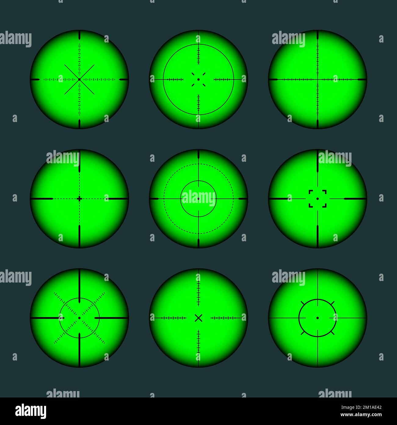 Various weapon night sights, sniper rifle optical scopes. Hunting gun ...