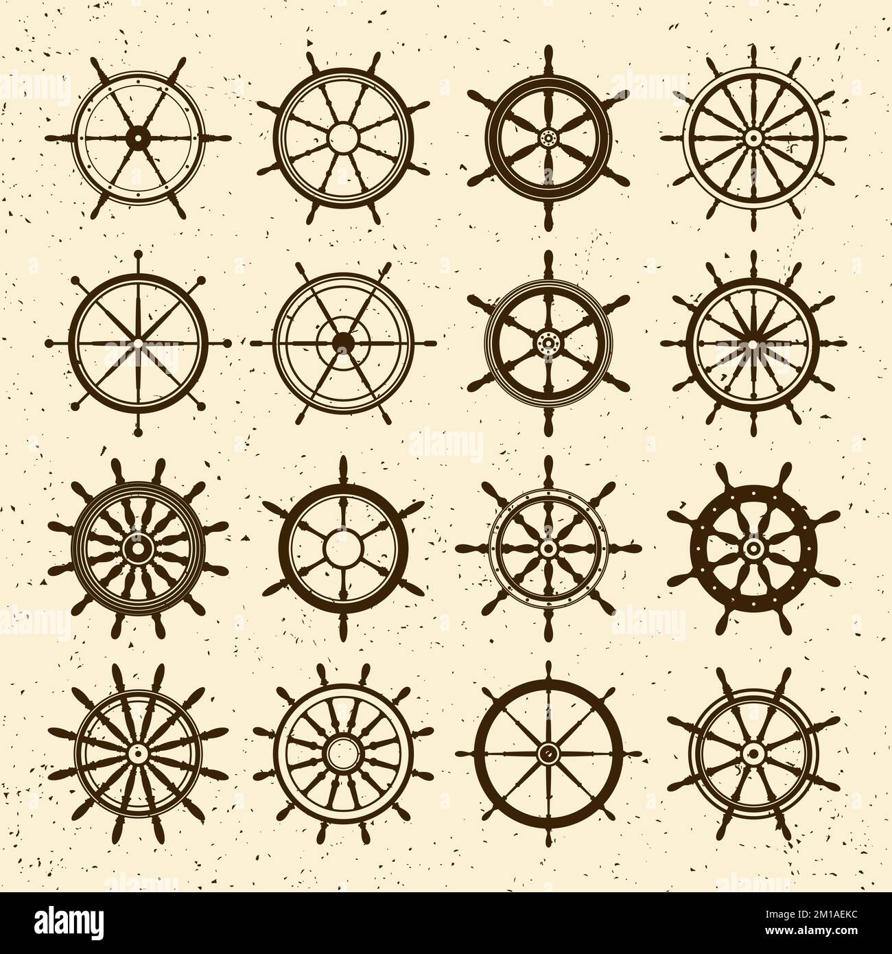 Collection of grunge vintage steering wheels. Ship, yacht retro wheel ...