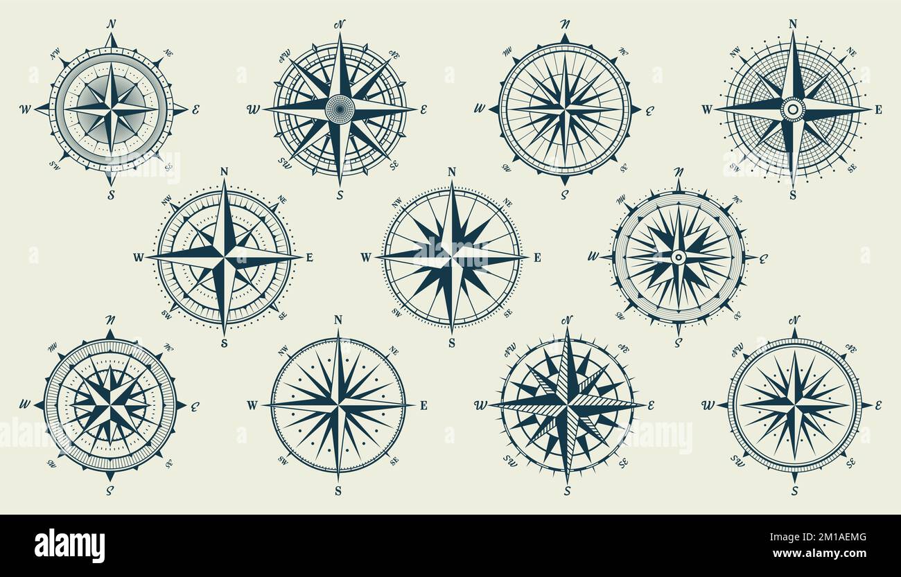 Vintage marine wind rose, nautical chart. Monochrome navigational ...