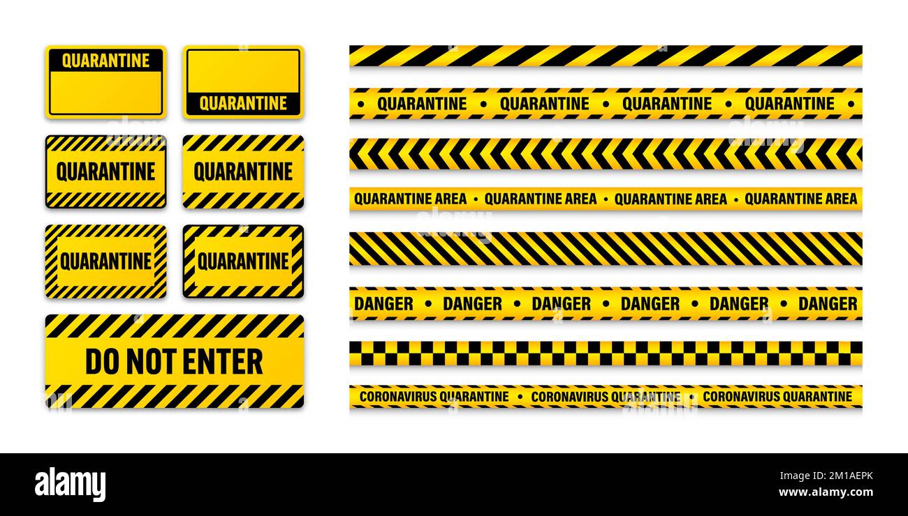 Various quarantine zone warning tapes and shields. Novel coronavirus ...