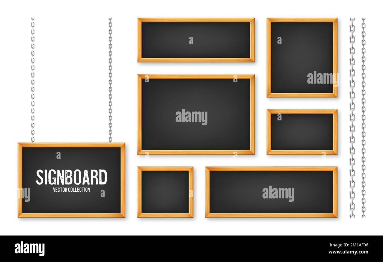 Signboards in a wooden frame hanging on a metal chain. Restaurant menu ...