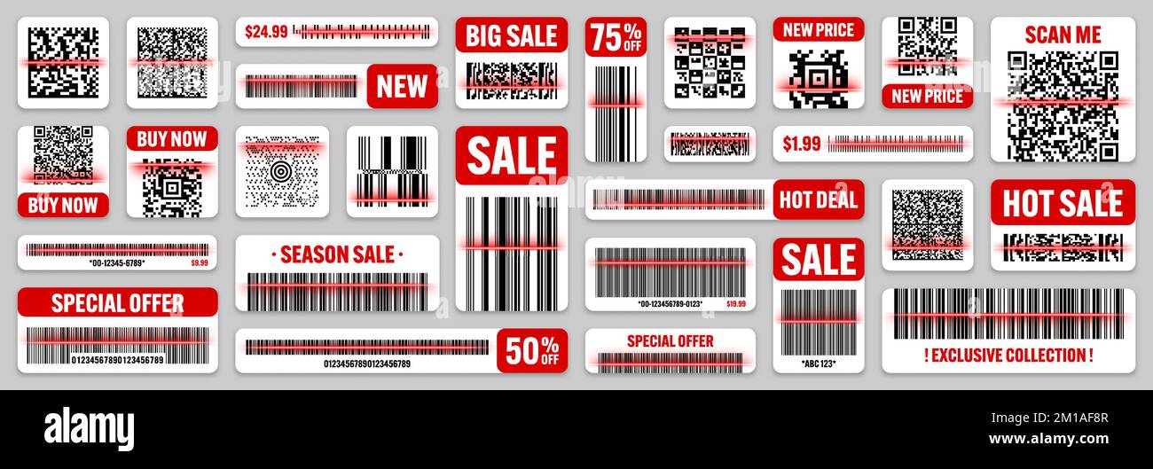 Product barcodes and QR codes with red scanning line. Sale stickers ...