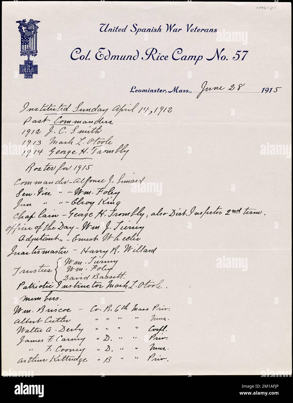 U.S. War Veterans, Col. Edmund Rice Camp No. 57, Dept. of Massachusetts ...